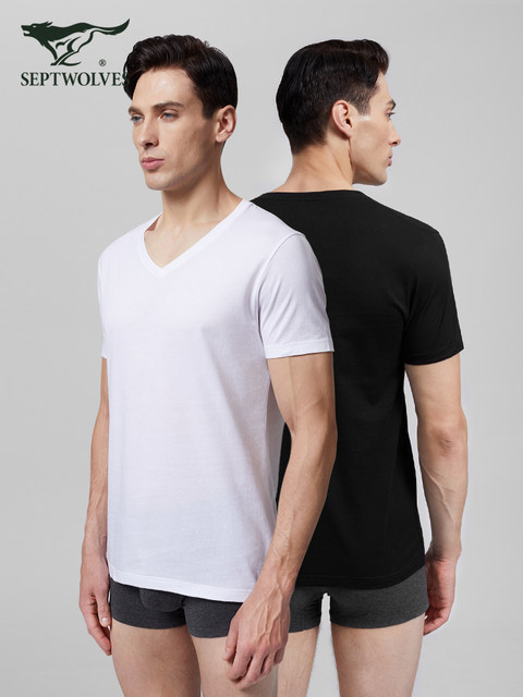 Septwolves men's pure cotton short-sleeved T-shirt vest V-neck ...