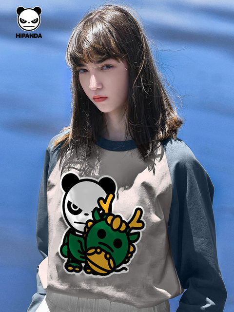 Hipanda Hello Panda Guo Chao couple inserted long -sleeved shirt 2024 autumn new contrasting ...