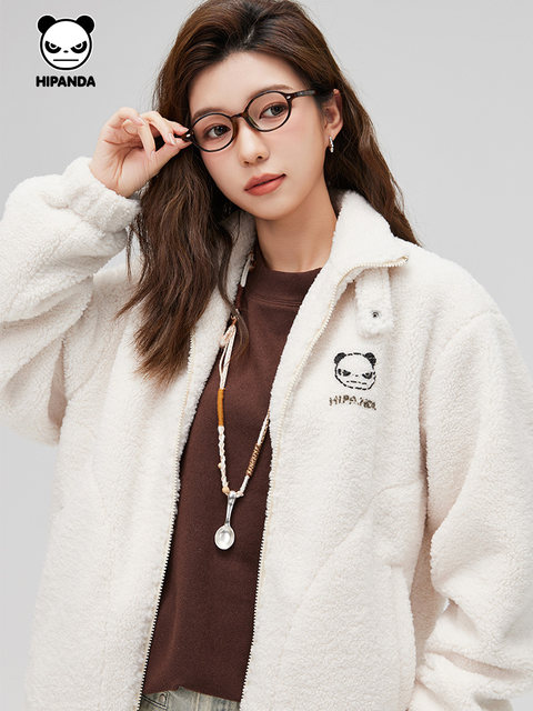 Hipanda Hello Panda off-white lapel imitation wool jacket for women fashion brand thickened 2024 ...