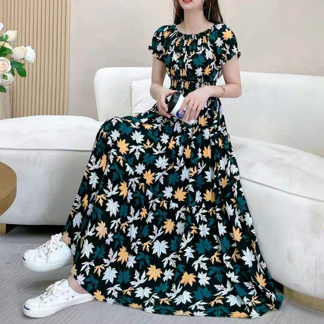 Cotton silk dress one-shoulder retro floral cotton high waist slim off ...