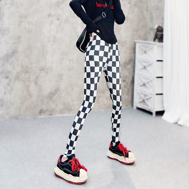 Checkerboard checkered leggings for women, printed elastic leggings ...