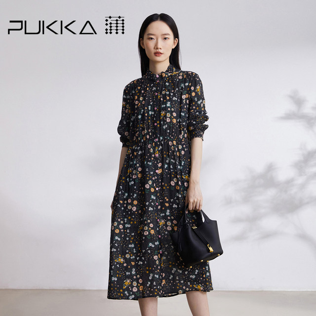 PUKKA original design early autumn new ramie printed loose casual stand ...