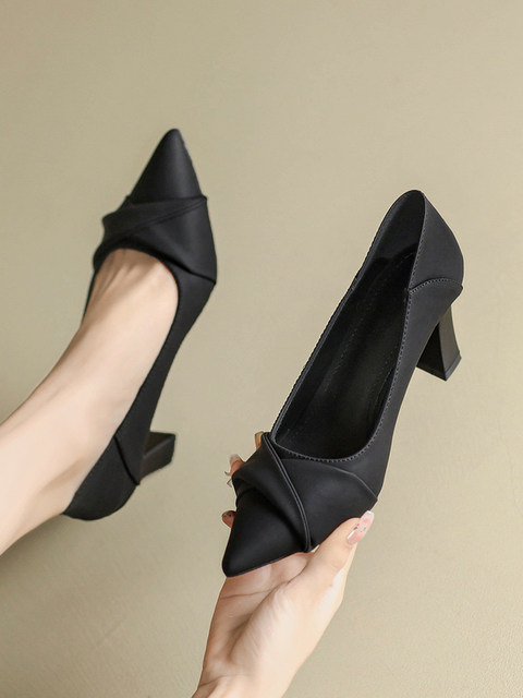 Black Soft Leather High Heels for Women, Chunky Heel, Spring French ...