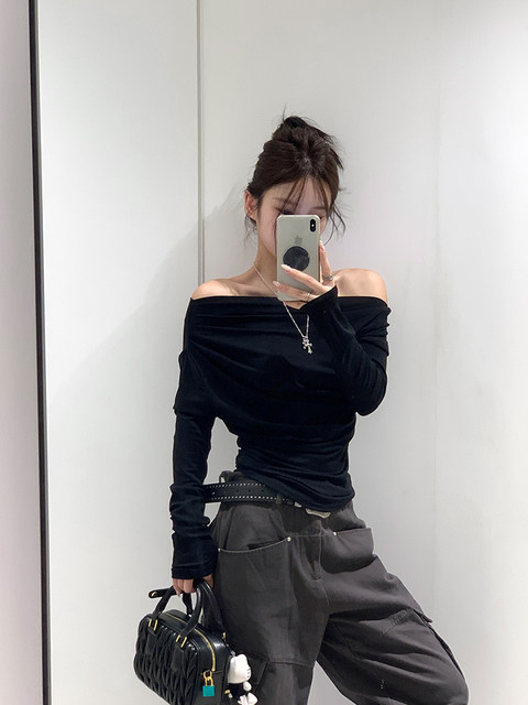 Adan black oblique shoulder top spring and autumn Korean version slim ...