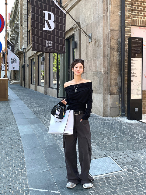 Adan black oblique shoulder top spring and autumn Korean version slim ...