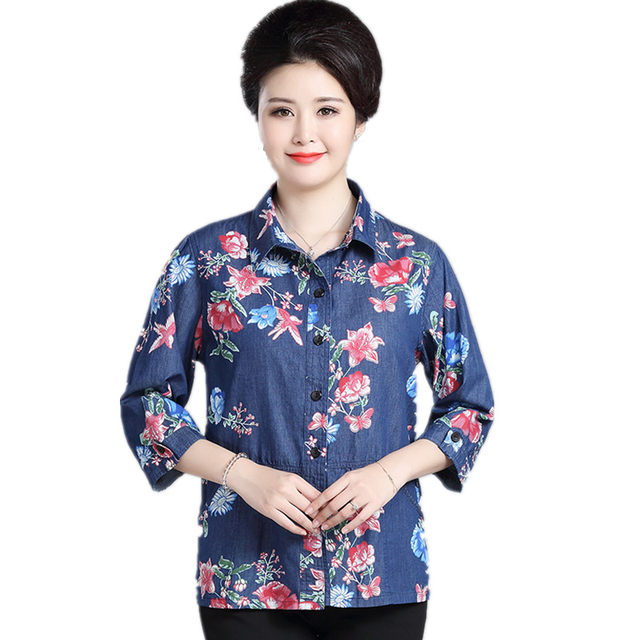 Middle-aged and elderly women's denim shirt mother's dress spring and ...