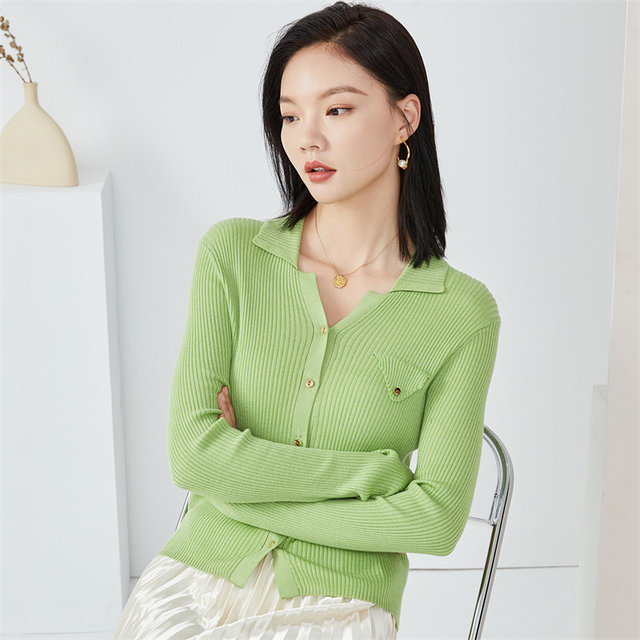 Jinju pure color Shirt Collar Wool Blend Cardigan Outwear Slim Looking ...