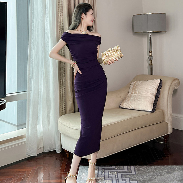 One shoulder dress Yujie slim fit small flying sleeves sexy elegant ...