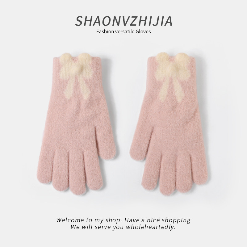 Women's Pink Bow Winter Wool Gloves - Thickened Knitted Touchscreen