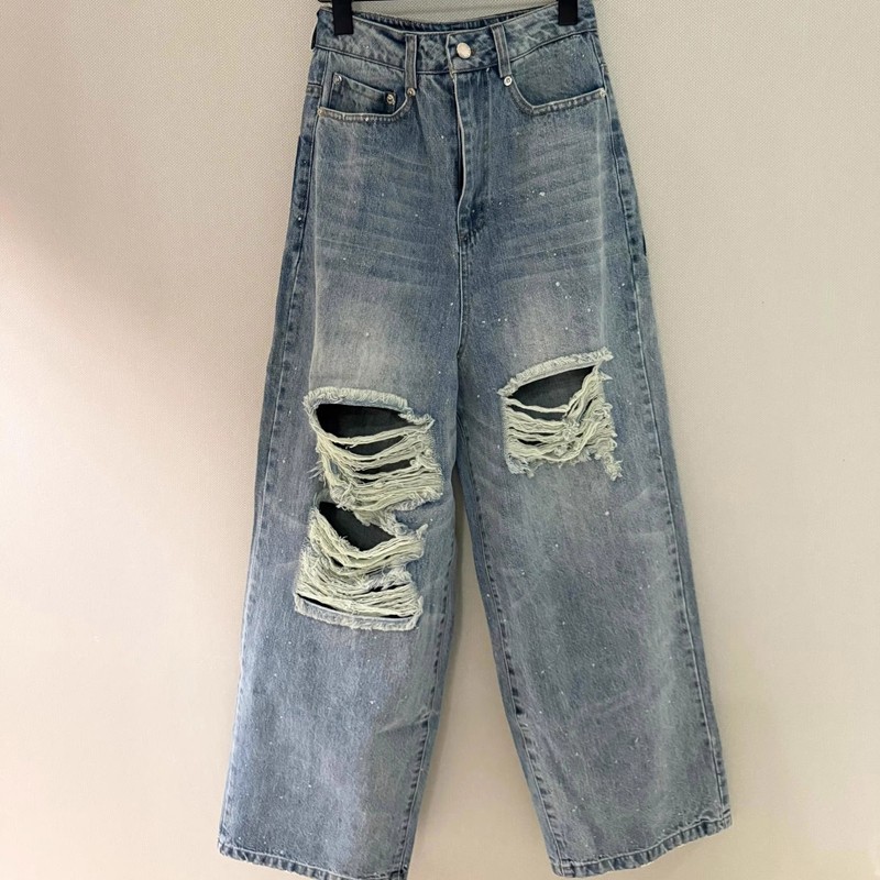 *Street feeling relaxed*Silver ripped tassel heavy industry wide-leg ...