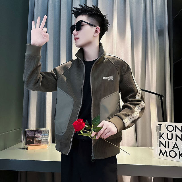 Autumn and winter plus velvet thickened jacket men's trend stripe top ...