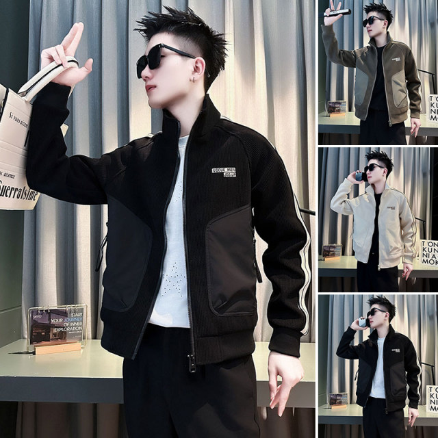 Autumn and winter plus velvet thickened jacket men's trend stripe top ...