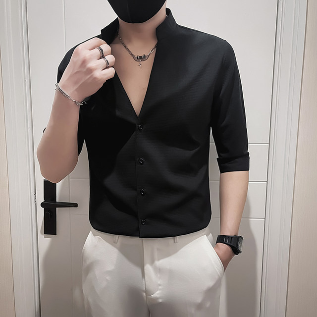 Summer V -neck shirt men's short -sleeved trend half -sleeved inch ...