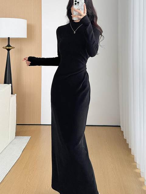 French Hepburn style bottoming long-sleeved dress for women 2025 spring ...