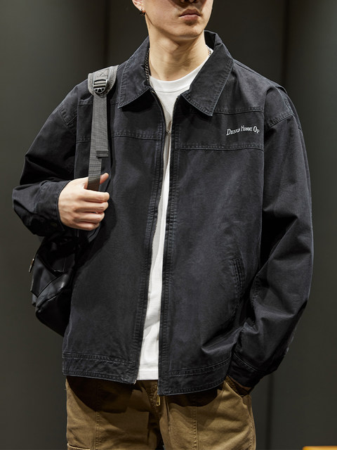 Retro washed outdoor work jacket men's trendy brand embroidered lapel ...