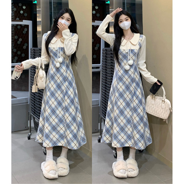 Large-size college style lace long-sleeved fake two-piece dress 2024 autumn new high-waisted ...