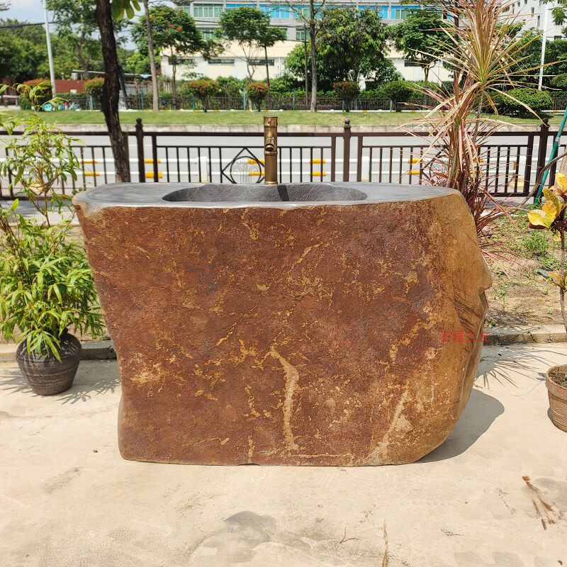 Obdo Stone Pedestal Basin - Retro Raw Stone Wash Basin for Garden ...