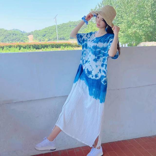 Yiche tie-dye original design handmade plant blue dyed literary cotton ...