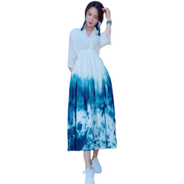 Yiche original design tie-dye plant handmade blue dyed V-neck elegant ...