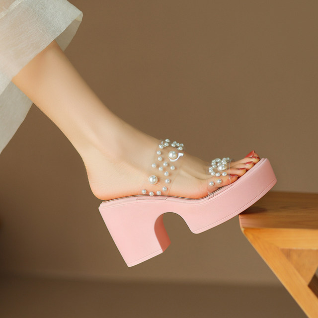 Transparent flip-flops for women's outer wear summer pearl rivet high ...