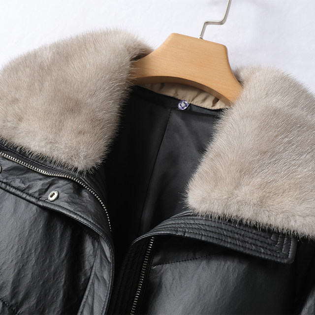 Leather jacket for women, mid-length black lace-up Korean style mink fur collar Haining new ...