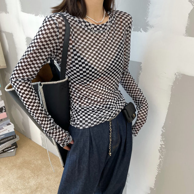 Plaid base shirt mesh women's summer long-sleeved sunscreen clothes ...