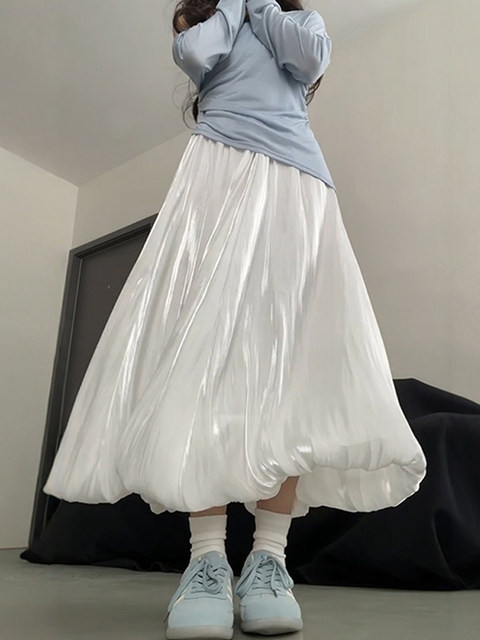 White satin bud long skirt, large size women's A-line skirt, pear ...