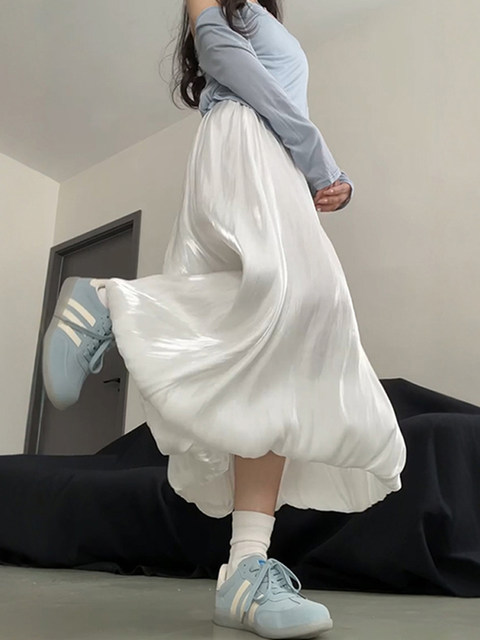 White satin bud long skirt, large size women's A-line skirt, pear ...