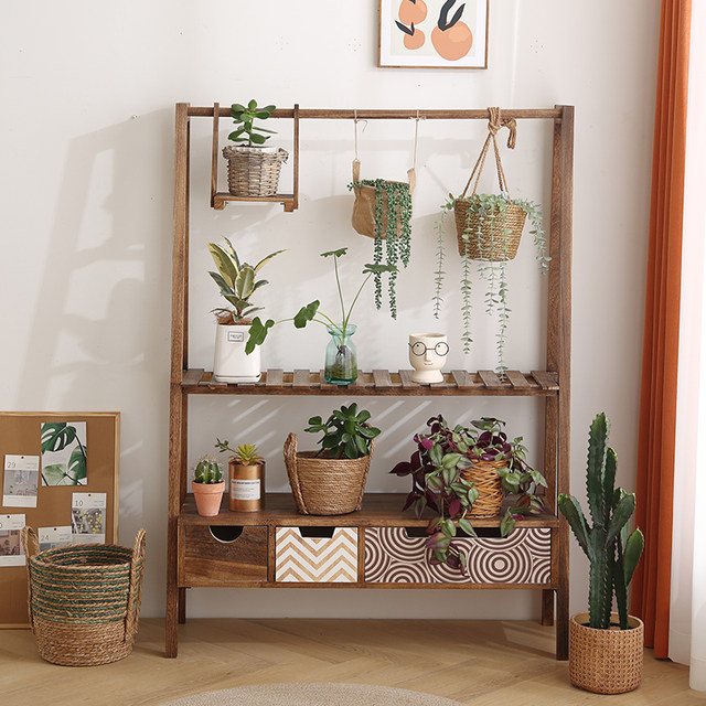 Pastoral solid wood hanging orchid flower rack balcony storage rack ...