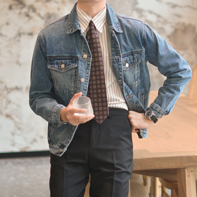 Autumn and winter high-end denim washed retro denim jacket jacket men's ...