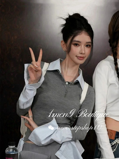 Real photo] ann wool shirt long sleeve T-shirt gray fake two-piece ...