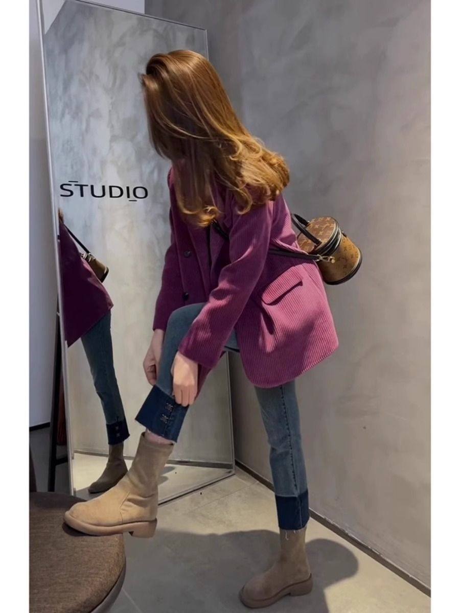 2025 New Trendy Petite Suit Jacket, Stylish Casual Purple Corduroy ...