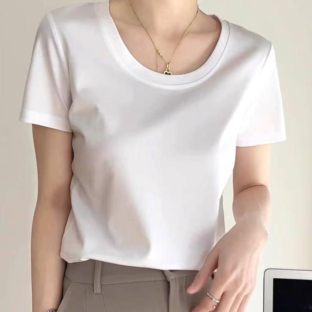 U-neck mulberry silk mercerized cotton t-shirt short-sleeved women's ...