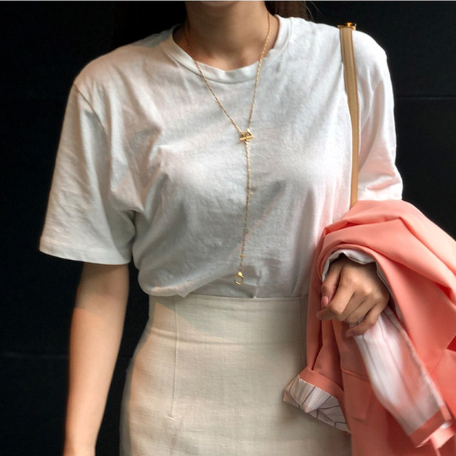 White T-Shirt for Women, Summer Cotton Short-Sleeved Loose Pure White T ...