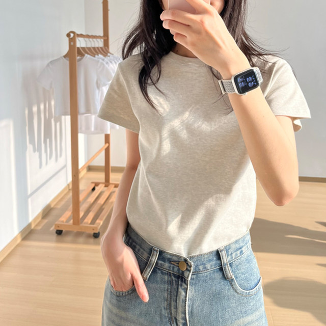 Shoulder gray t-shirt women's short-sleeved summer 2023 American retro design sense all-match ...