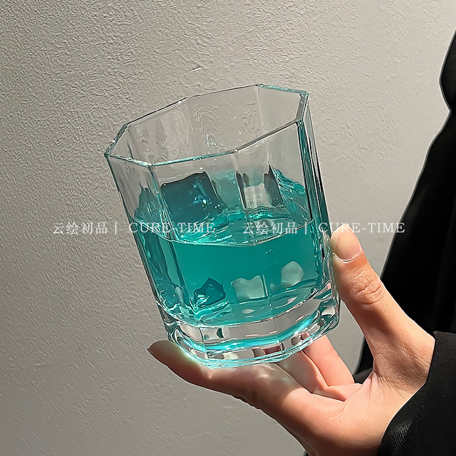 Octagonal straight glass transparent water cup thickened thick bottom ...