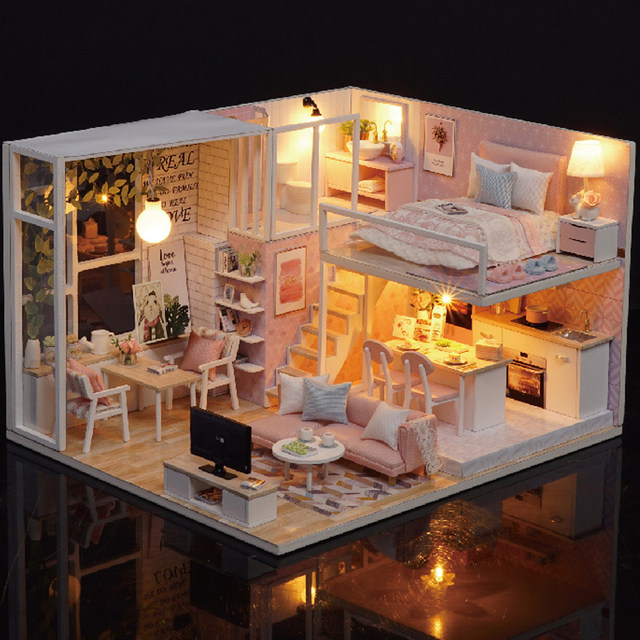 Zhiquwu diy cabin modern wooden villa model toy house light blue time ...
