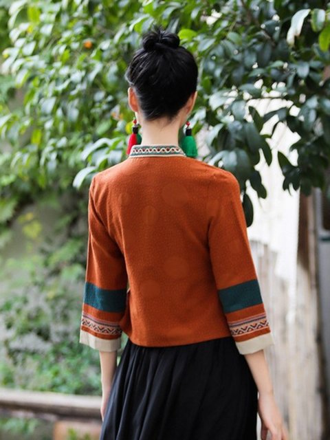 Ethnic style cotton and linen Chinese top loose slanted lace-up short ...