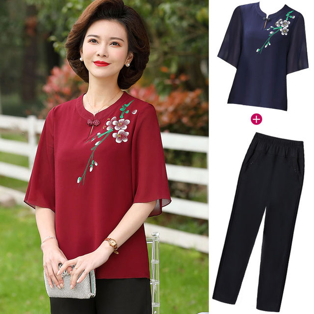 Mom's summer Tang suit printed chiffon shirt middle-aged women's ...