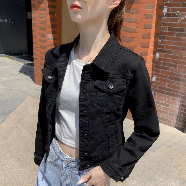 Korean style slim short black denim jacket for women with slim short ...