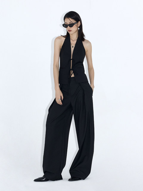 Ourhour halter neck cut shoulders, black V-neck lace-up suit vest ...