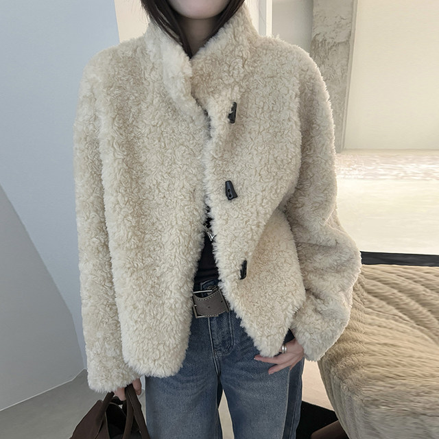 Horn button grain velvet lambswool jacket for women European station ...