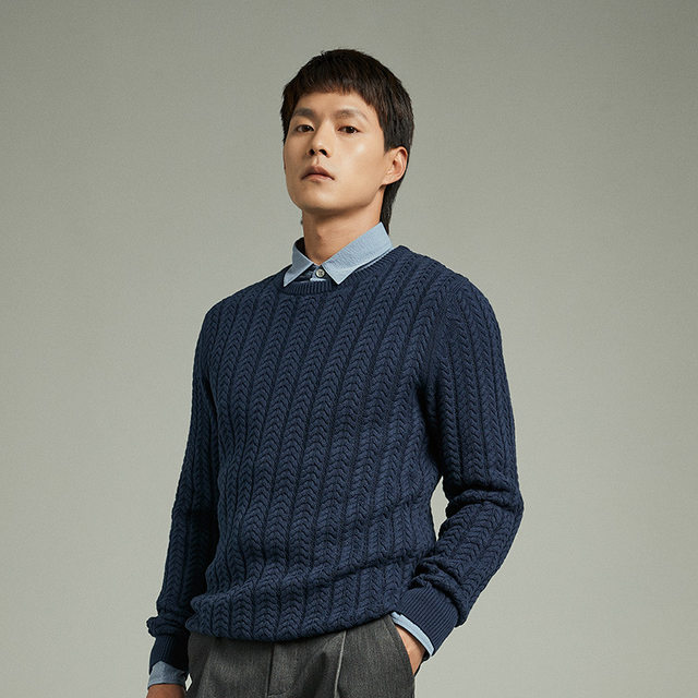 Pure cotton sweater men's round neck thickened twisted cotton twist ...