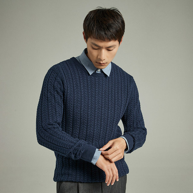 Pure cotton sweater men's round neck thickened twisted cotton twist ...