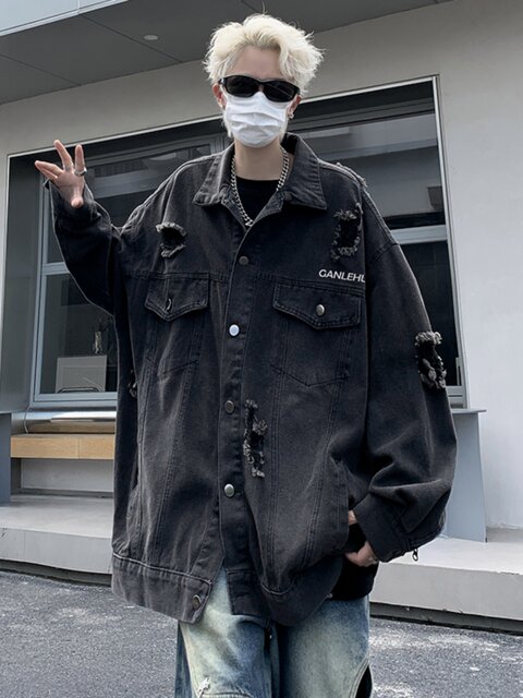 Street-fried ripped denim jacket men's spring and autumn American retro ...