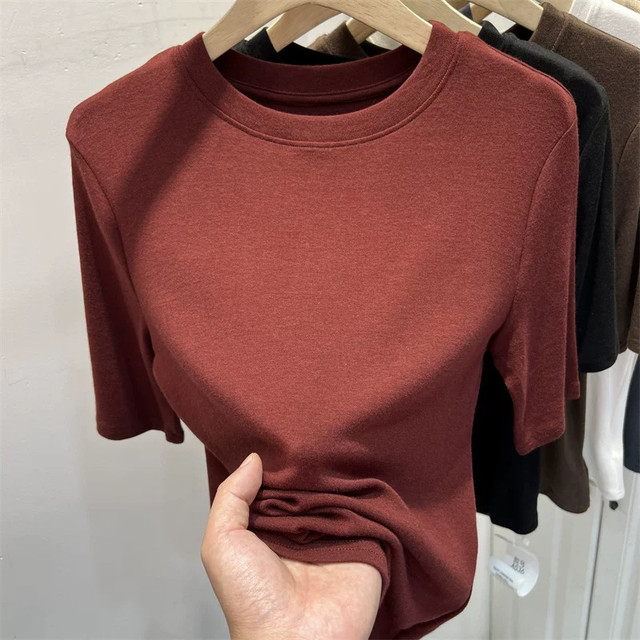 Angora red round neck soft waxy mid-sleeve T-shirt for women 2024 early ...
