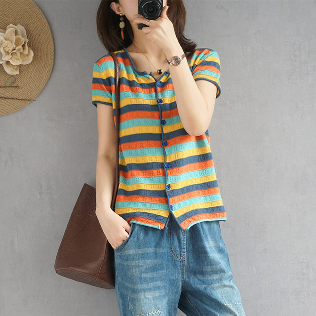 Round neck knitted rainbow striped T -shirt female slim and thin short ...
