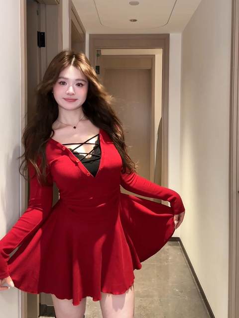 Pure sexy V-neck lace splicing dress with autumn and winter large size ...