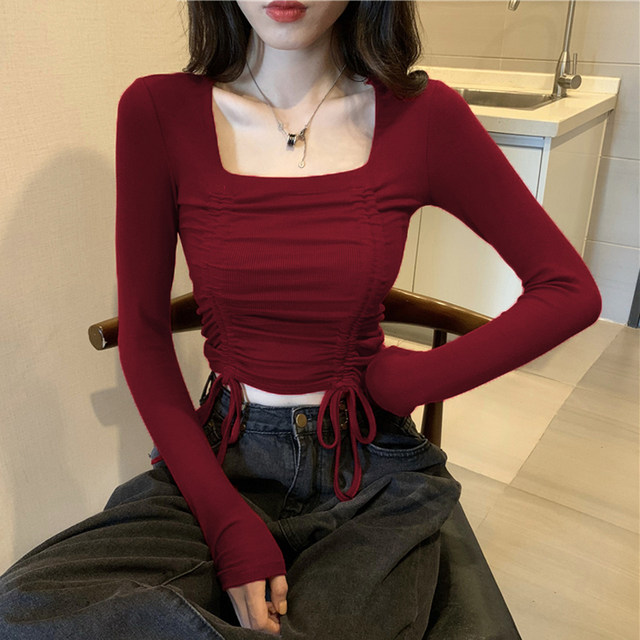 Lace-up drawstring T-shirt for women with long sleeves square collar ...