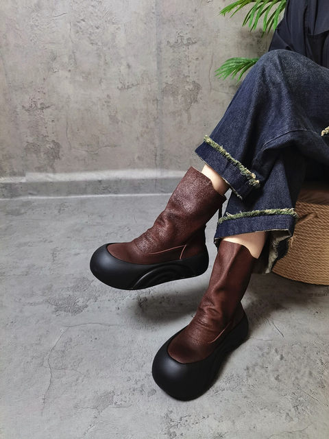 April Allure Light Luxury Handmade Thick Soled Genuine Leather Short ...